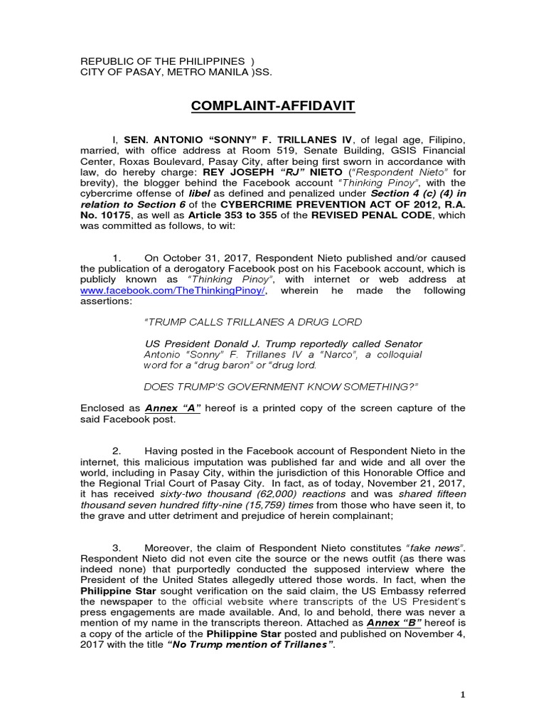 Libel Case Filed by Senator Trillanes Against RJ Nieto/Thinking Pinoy ...