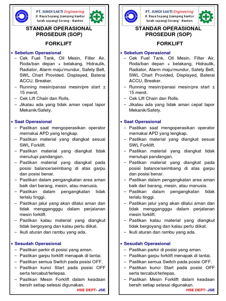 SOP For Forklift | PDF