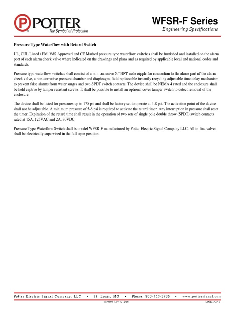 WFSR-F Series: Pressure Type Waterflow With Retard Switch | PDF