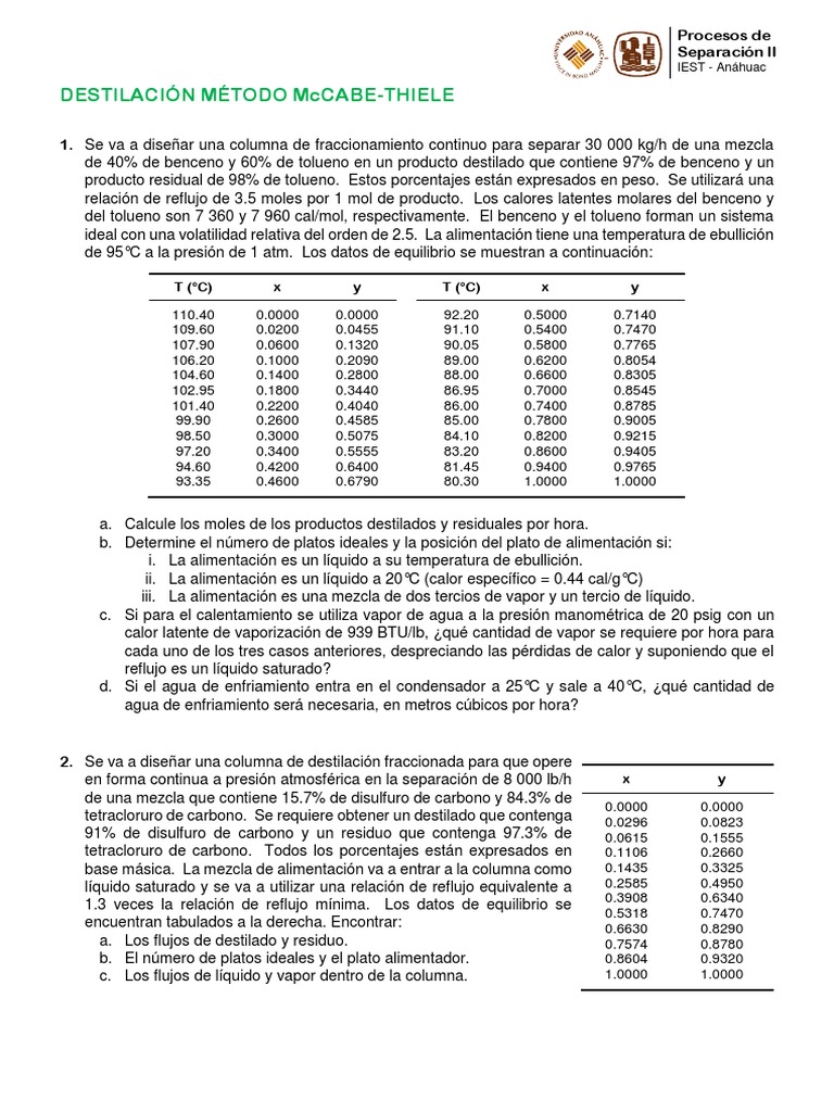Problemas. Destilación McCabe-Thiele PDF | PDF | Destilación | Química ...