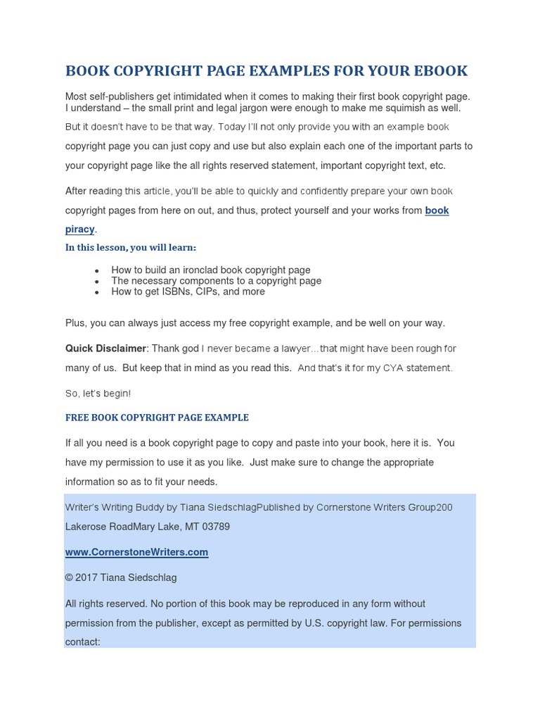 Book Copyright Page Examples For Your Ebook | PDF | International ...