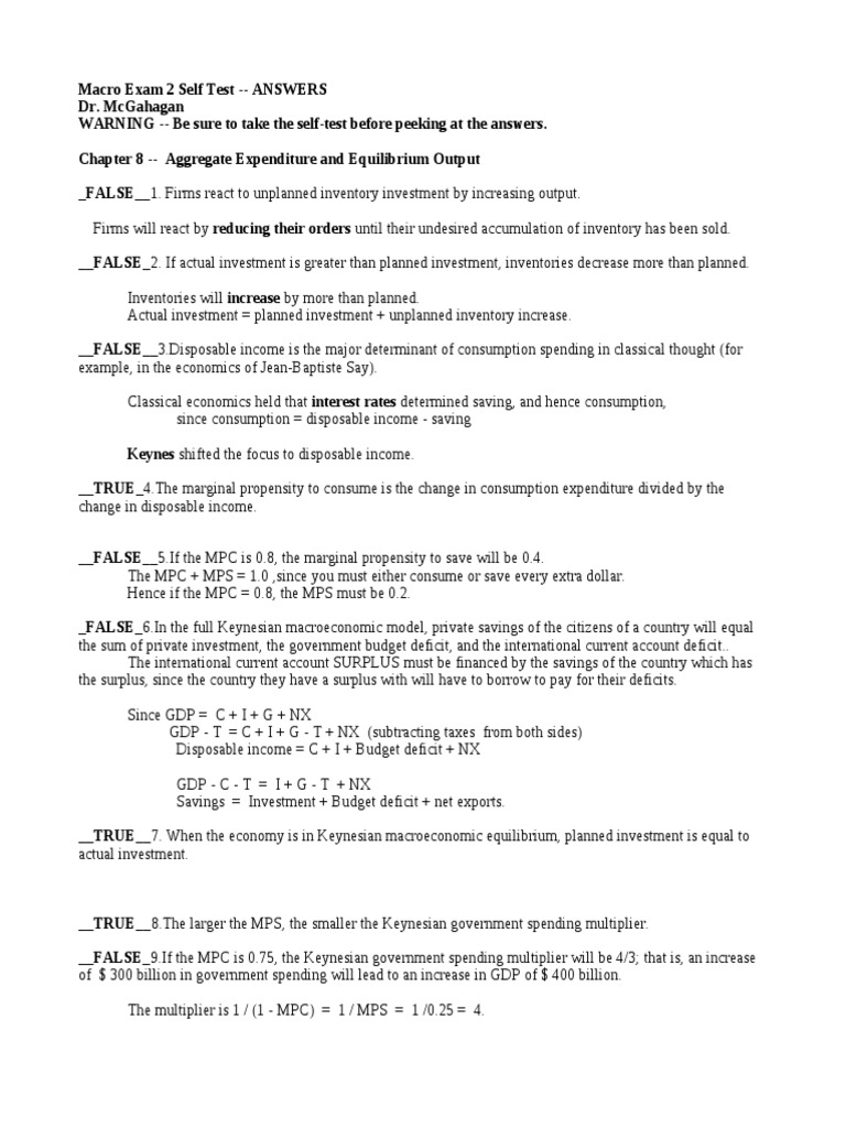 Macro Exam 2 Self-Test Answers | PDF | Money Supply | Fiscal Multiplier