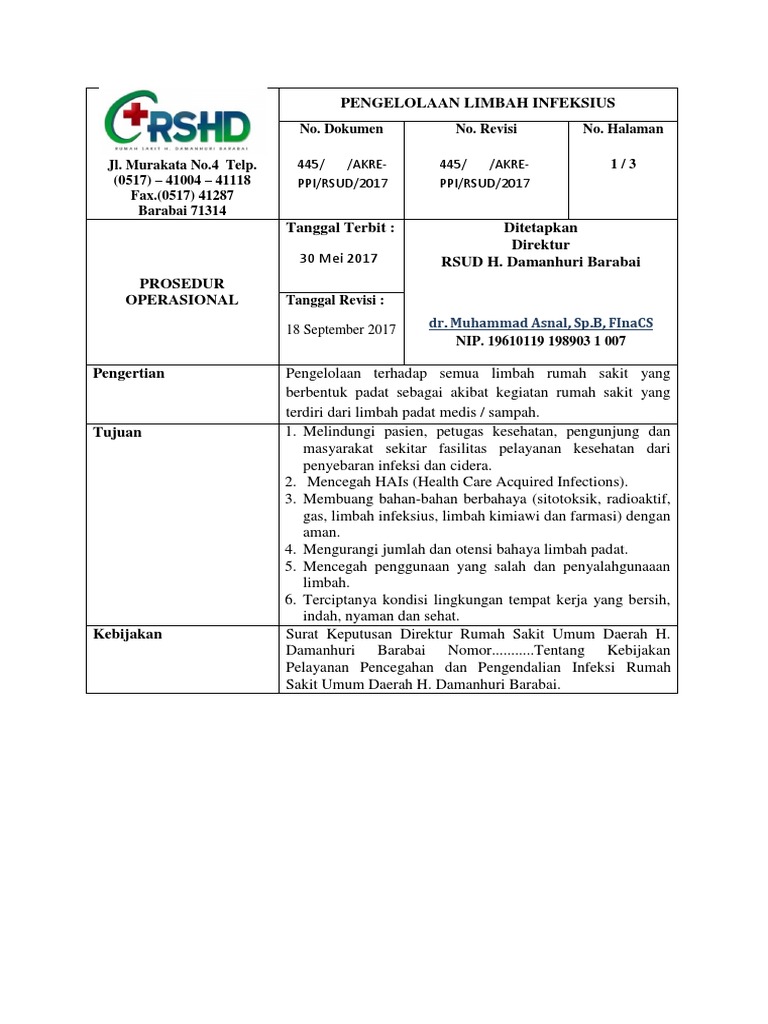 SPO Penanganan Limbah Infeksius - Revisi | PDF