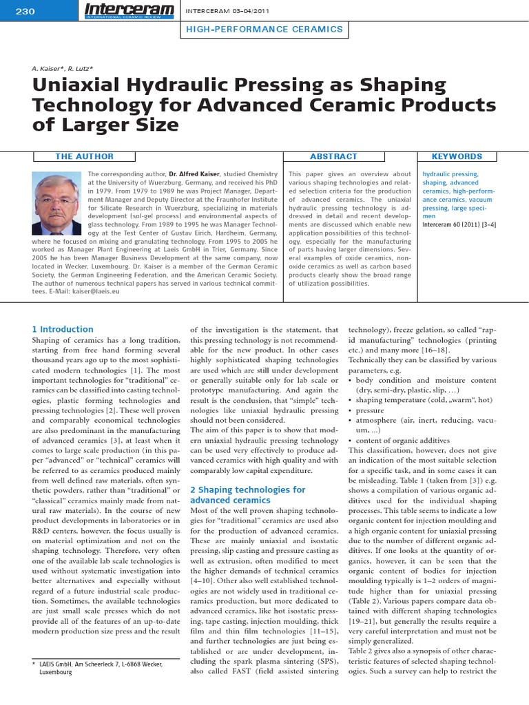An Overview of Uniaxial Hydraulic Pressing Technology for the ...