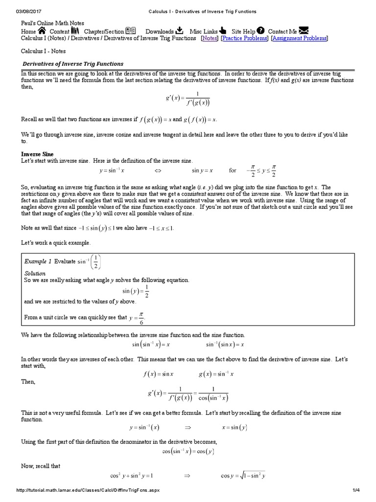 Calculus I - Derivatives of Inverse Trig Functions | PDF ...