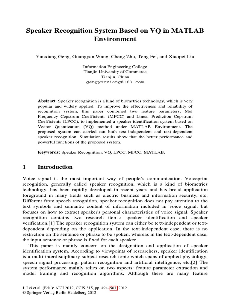 Speaker Recognition System Based On VQ in MATLAB Environment | PDF | Applied Mathematics ...