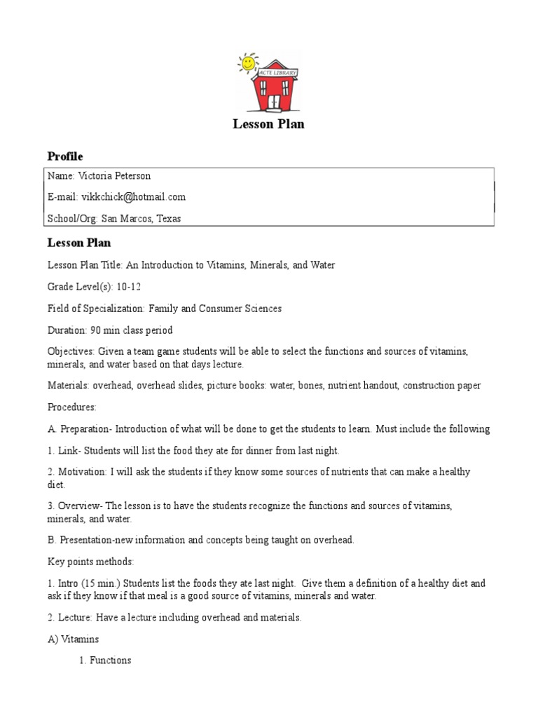 An Introduction To Vitamins Minerals and Water | PDF | Lesson Plan ...