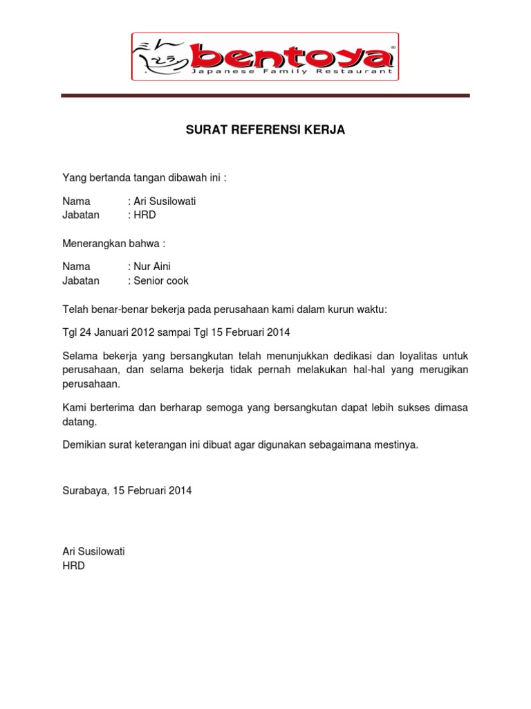 Surat Referensi Kerja 01 | PDF | Karier & Perkembangan | Pengembangan Diri