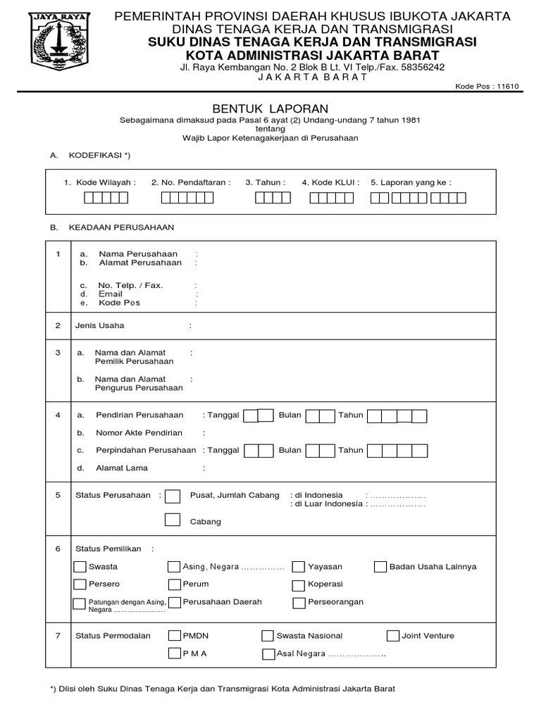 Formulir Wajib Lapor Ketenagakerjaan Jakarta Barat (Bisa Diisi)