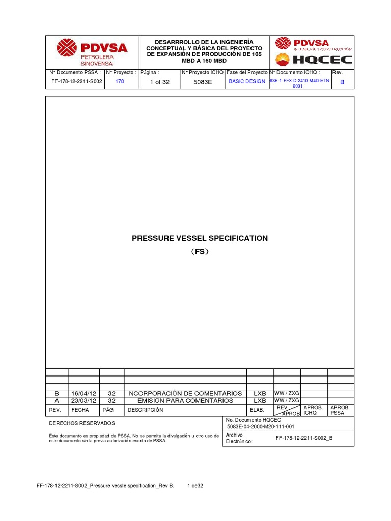 Pressure Vessel Specification （FS） | Tecnología | Ingeniería mecánica ...