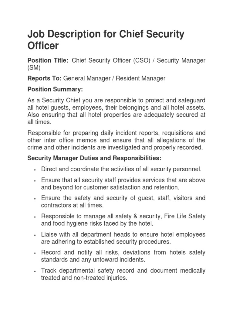 Chief Security Officer Job Description | PDF | Safety | Security Guard