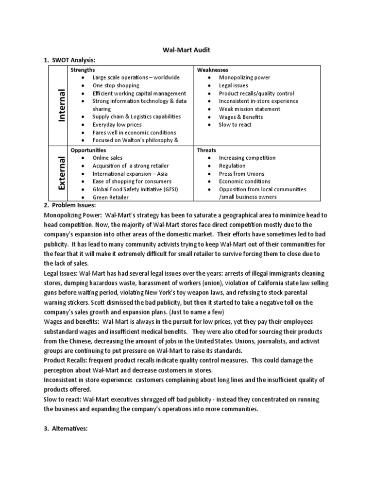 SWOT Analysis:: Wal-Mart Audit | PDF | Walmart | Employment