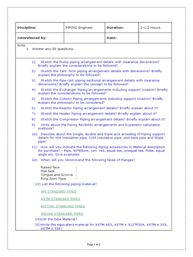 Piping Engineer Interview Questions (From 6 To 10 Year) | PDF | Pipe ...