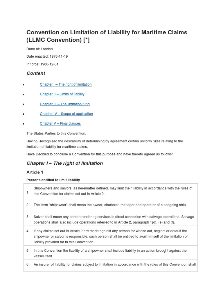 Convention On Limitation of Liability For Maritime Claims | PDF ...