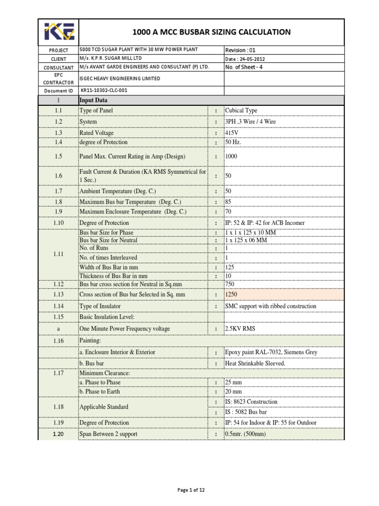 MCC Bus Bar Sizing Calculation | PDF | Insulator (Electricity) | Power ...
