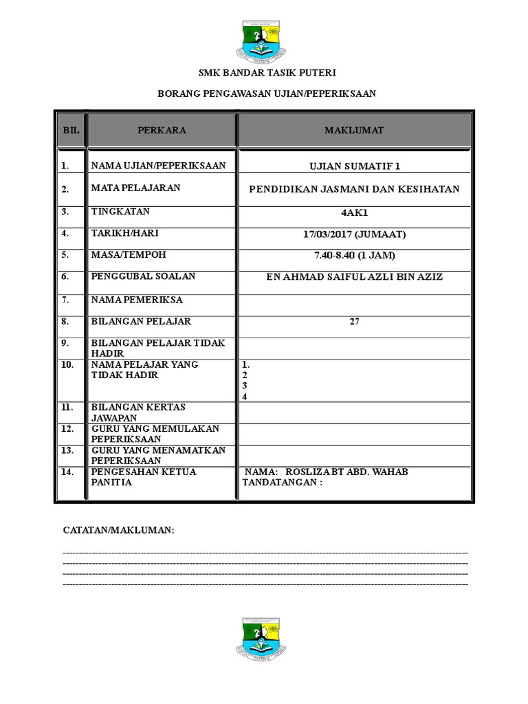 Borang Pengawasan Peperiksaan | PDF
