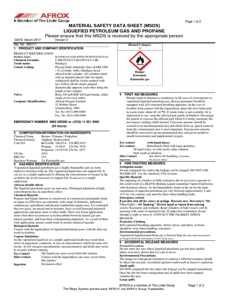Handigas LPG Material Safety Data Sheet | PDF | Liquefied Petroleum Gas ...