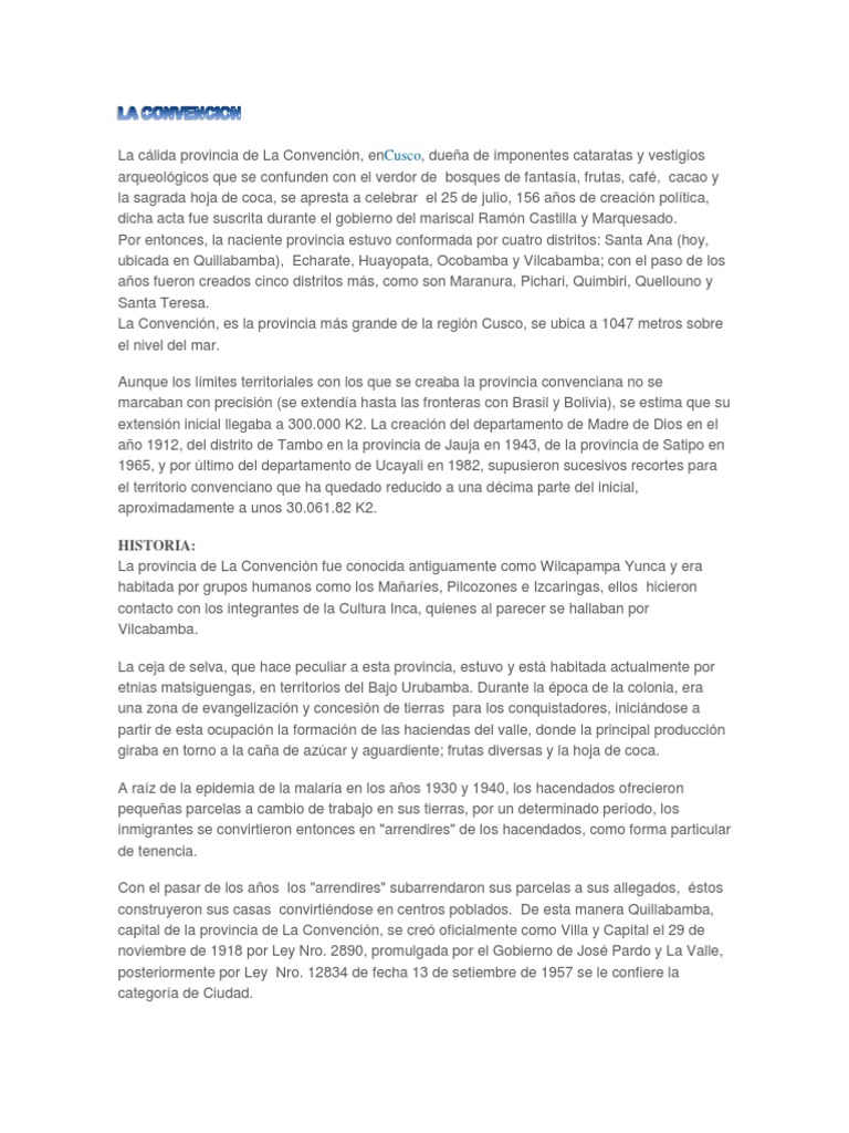 Historia y Atractivos de La Convención | PDF | Ciencias sociales