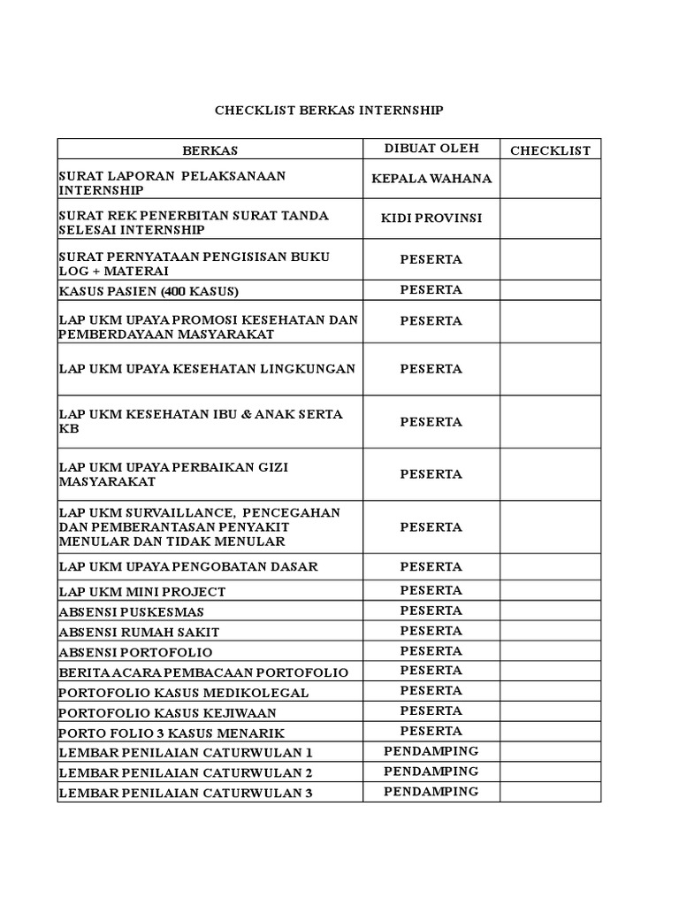 Checklist Berkas Internship | PDF