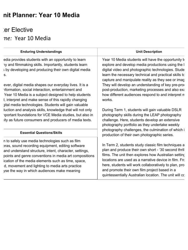 Year 10 Media - 2018 Unit Plan | PDF | Camera | Narrative