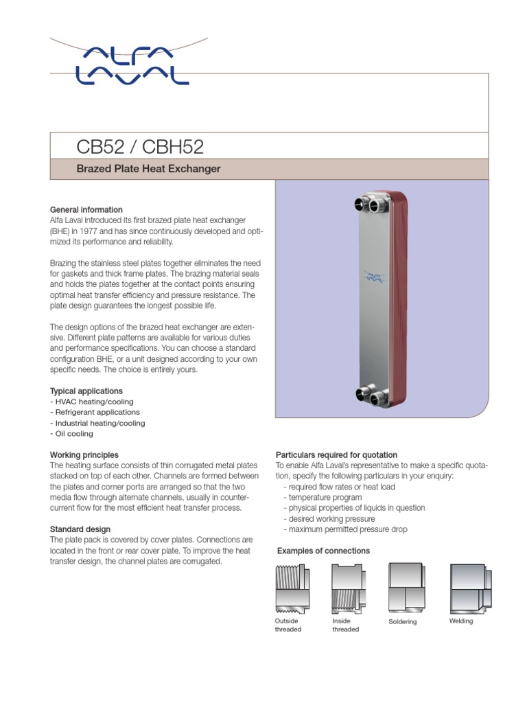 CB52 / CBH52: Brazed Plate Heat Exchanger | PDF | Heat Exchanger | Hvac