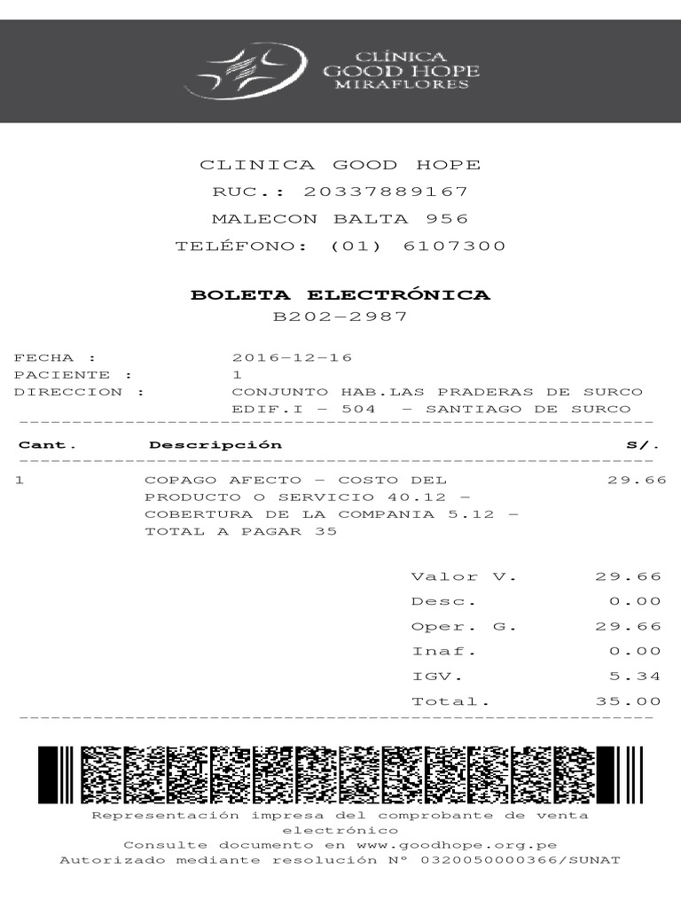 Boleta Electrónica Clínica Good Hope | PDF | Informática | Tecnología