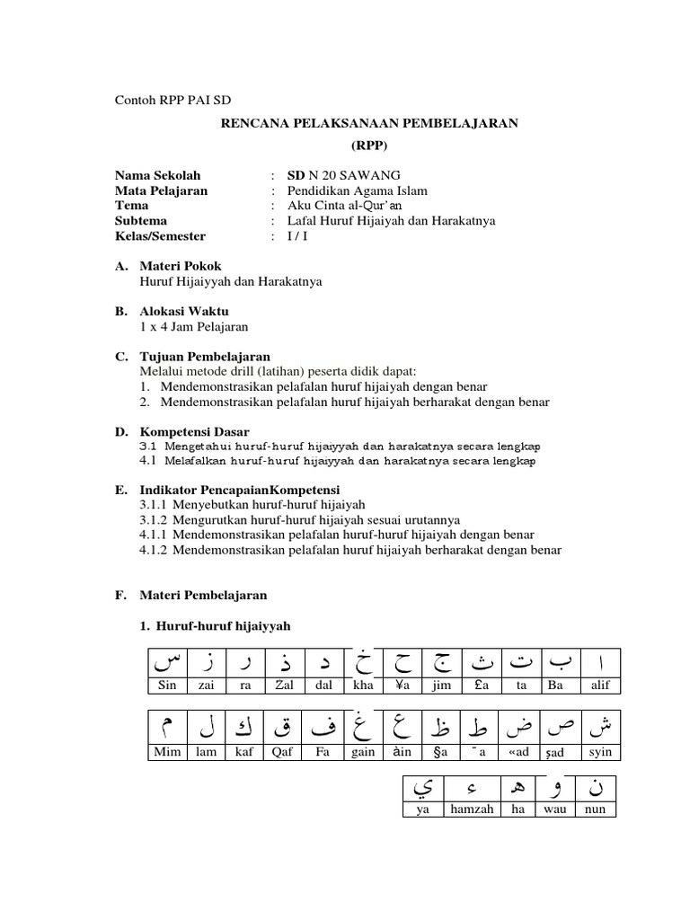 Contoh RPP PAI SD - Huruf Hijaiyah Kls 1 | PDF