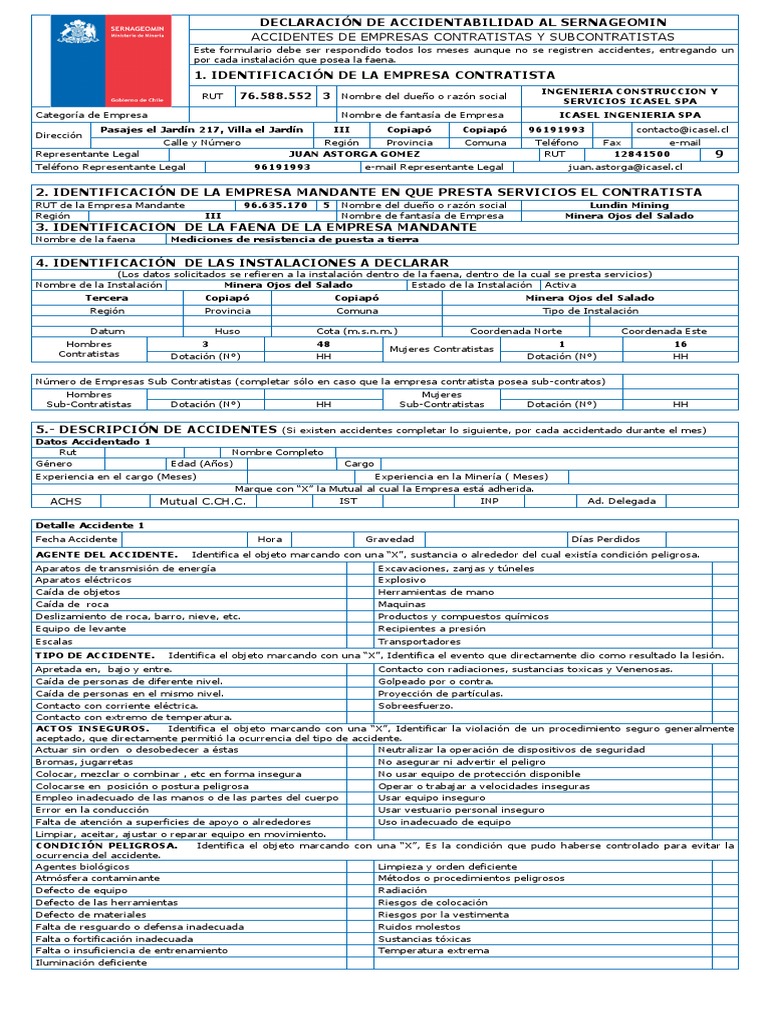 Formulario E-200: Accidentes Mineros | PDF | Minería | Contaminación