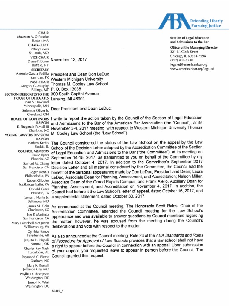 American Bar Association's Letter To Cooley Law School | PDF