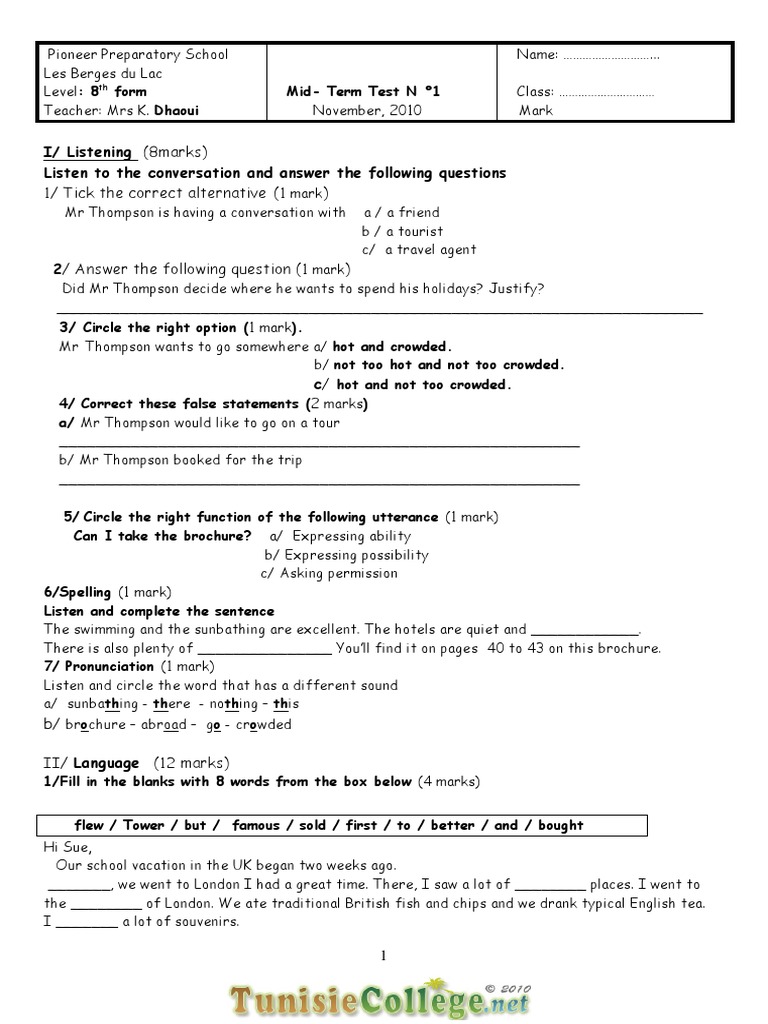 Devoir de Contrôle N°1 - Anglais - 8ème (2009-2010) Mme Kawther Dhaoui | PDF