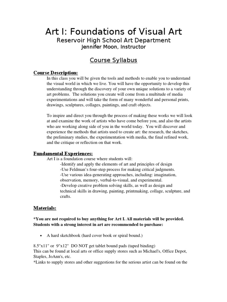 Art I Syllabus | PDF | Homework | Learning