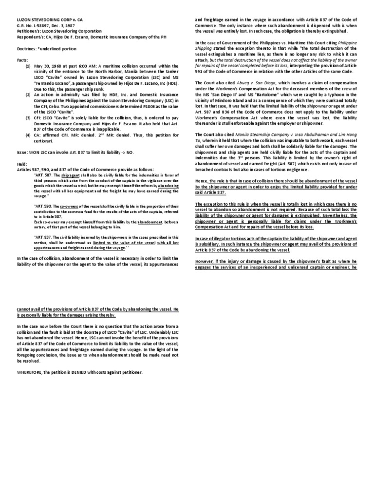 Luzon Stevedoring Corp Liability Case | PDF | Legal Liability ...