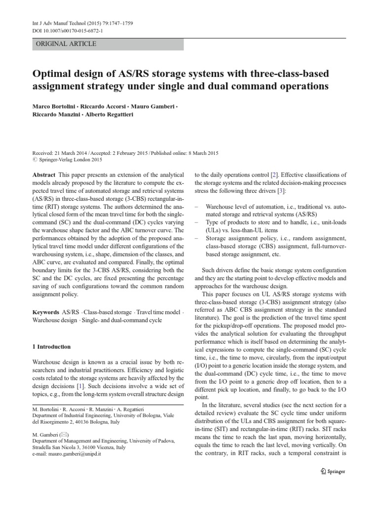 Optimal Design of AS/RS Storage Systems With Three-Class-Based ...