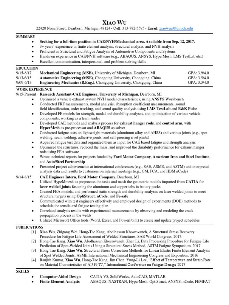 Resume CAE_NVH Engineer Xiao Wu 171030 | Fatigue (Material ...