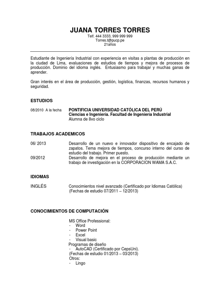 Modelo CV Practicante | PDF | Ingeniería | Ciencia y Tecnología