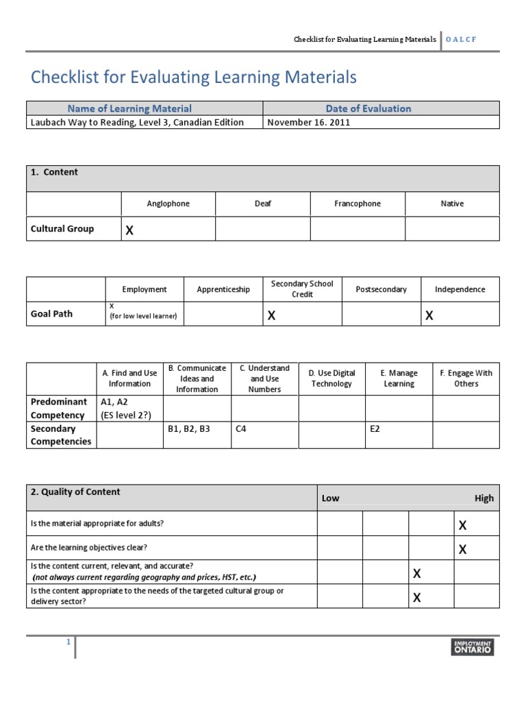 OALCF Checklist For Evaluating Learning Materials - LWR 3 | PDF | Tutor ...