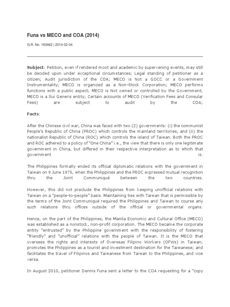 Funa Vs MECO and COA (2014) : Subject: Petition, Even If Rendered Moot ...