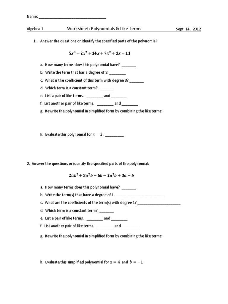 Identifying Like Terms Worksheet
