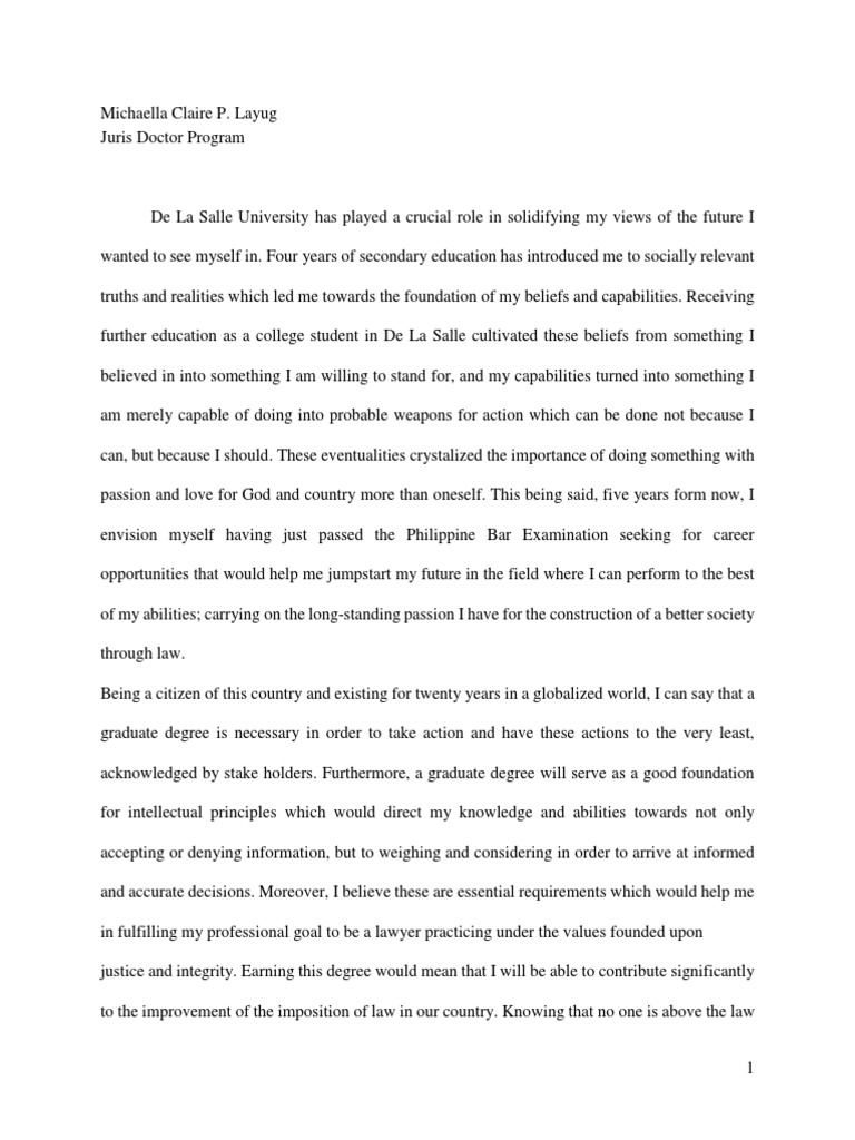 Personal Statement Dlsu Law | PDF | Juris Doctor | Academic Degree