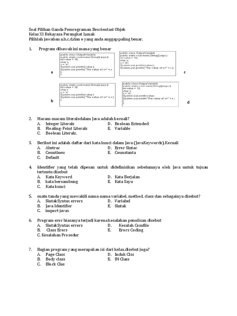 Soal Pilihan Ganda Pemrograman Beorientasi Objek Kelas XI | PDF