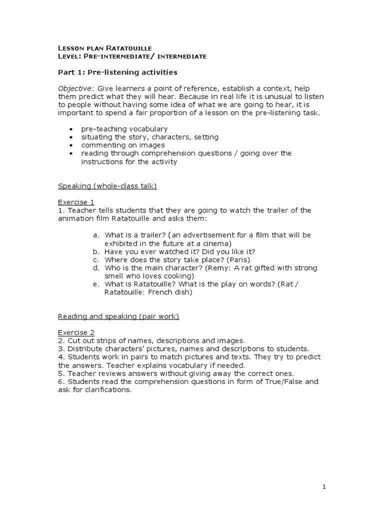 Ratatouille Lesson Plan for ESL | PDF | Reading Comprehension | Leisure