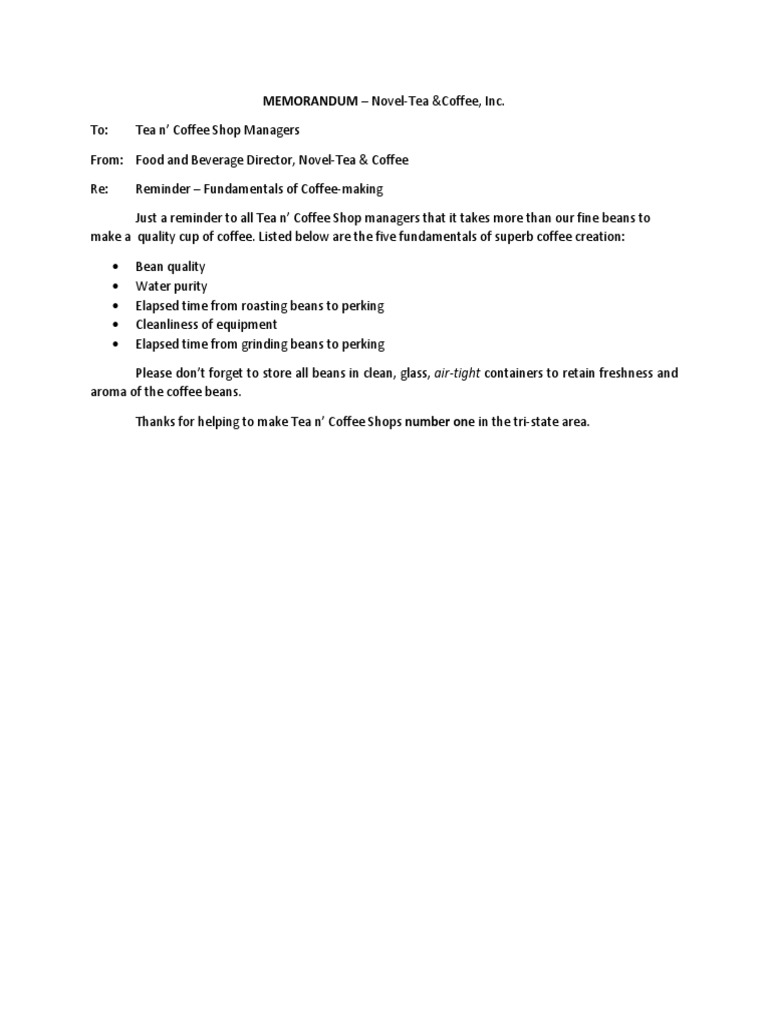 MEMORANDUM - Novel-Tea &coffee, Inc | PDF