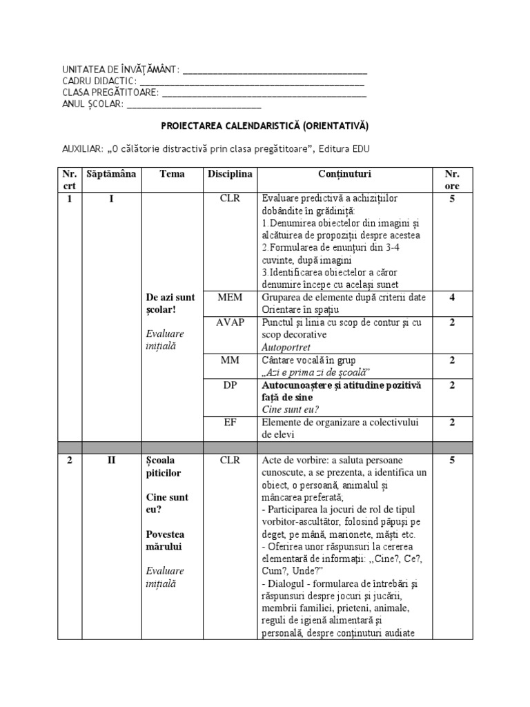 Planificare Calendaristica - Clasa Pregatitoare