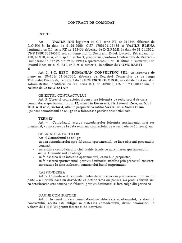 Contract de Comodat (MODEL) | PDF