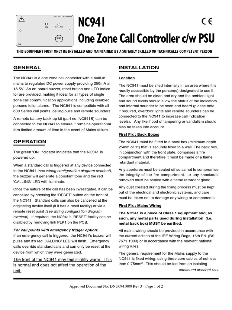 NC941 One Zone Call Controller C/W PSU: General Installation | PDF | Electrical Wiring | Fuse ...