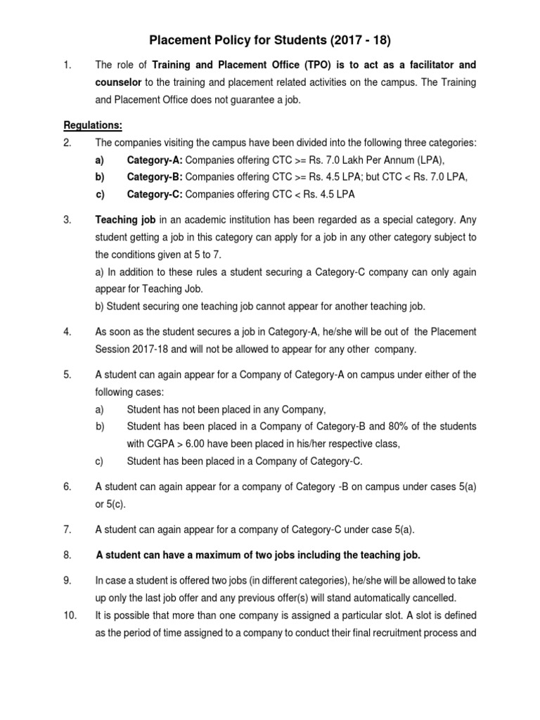 Placement Policy For Students (2017 - 18) | PDF | Internship | Job Hunting