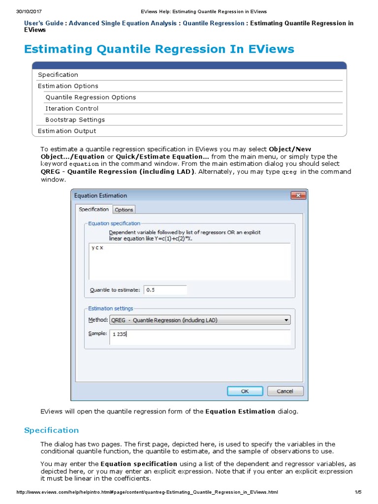 EViews Help - Estimating Quantile Regression in EViews | PDF ...