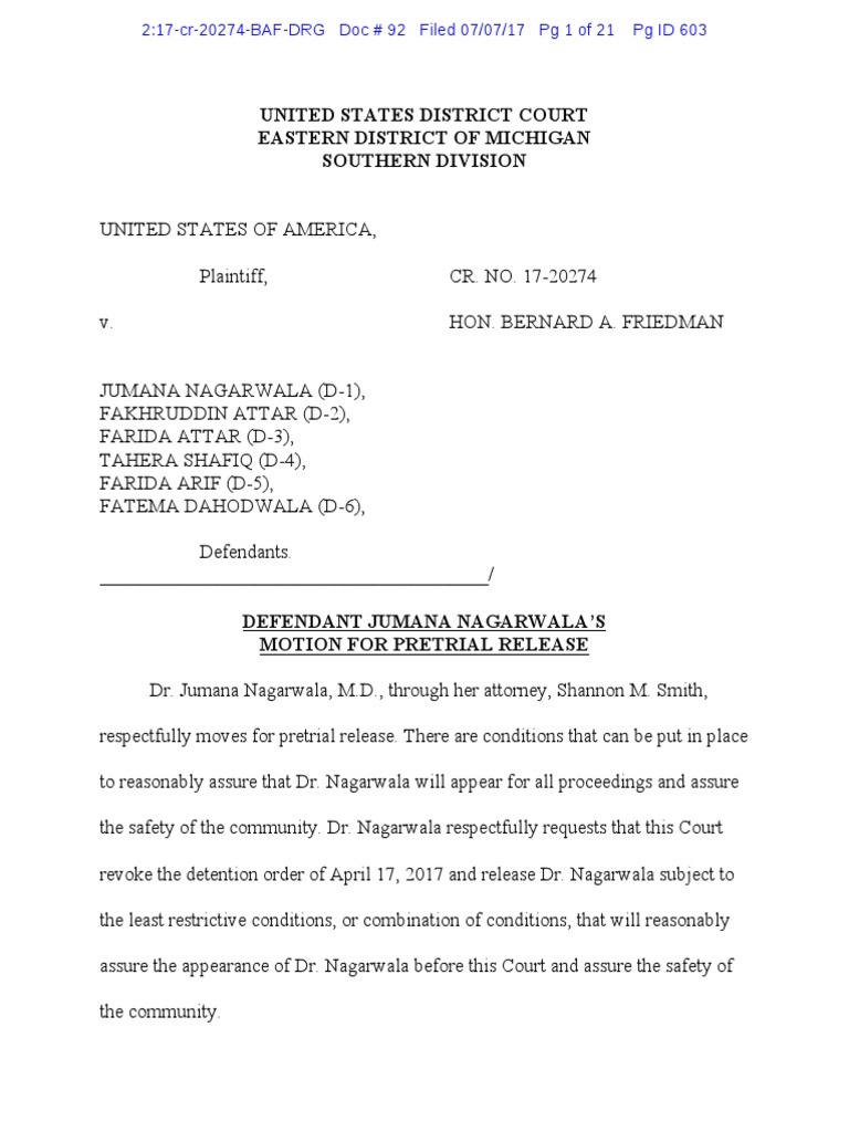 Nagarwala Pretrial Release Motion | PDF | Burden Of Proof (Law ...