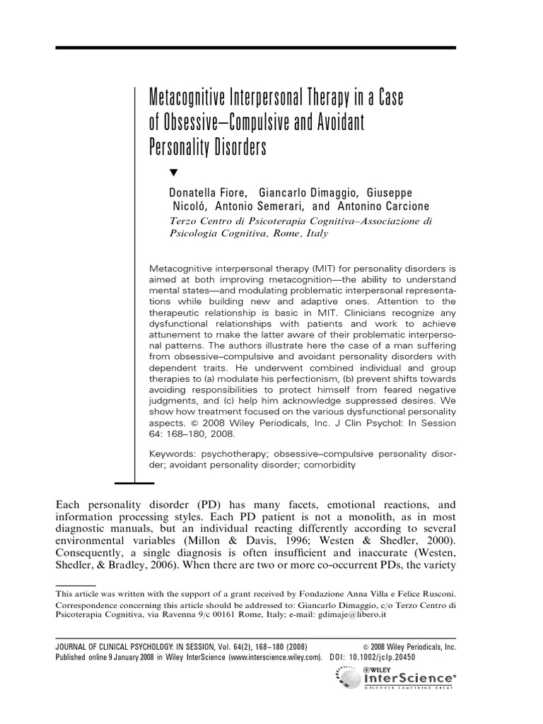 Metacognitive Interpersonal Therapy In A Case Of Obsessive Compulsive