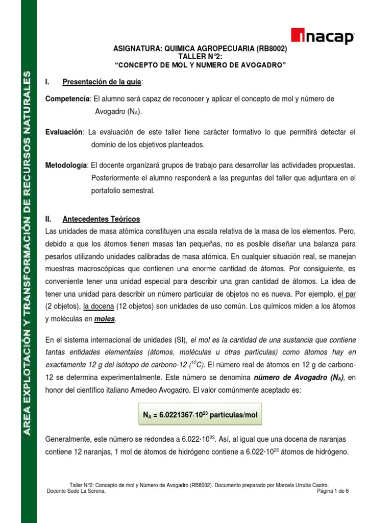 Taller N°2 - Concepto de Mol y Número de Avogadro | PDF | Mole (Unidad ...